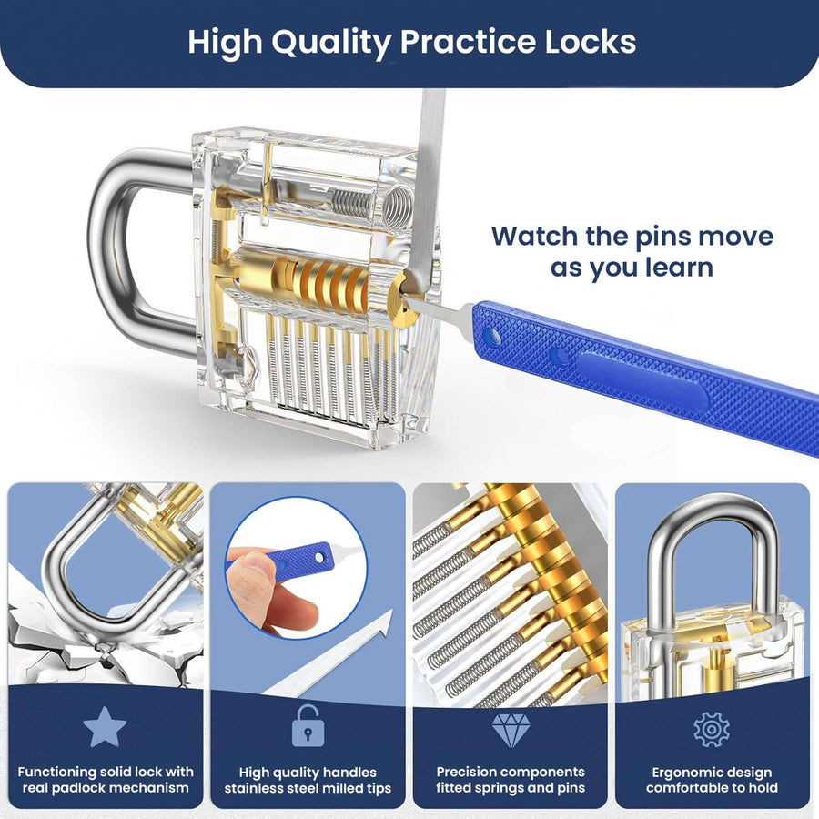 Lock Pick Set Box: Picks + Practice Locks + How-to Guide